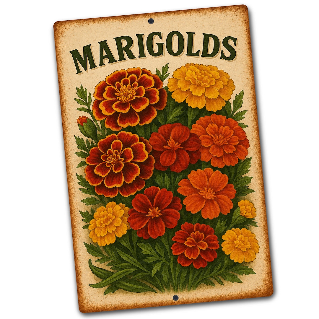 Vintage Marigolds Garden Sign, Rustic Marigold Flower Wall Art ...