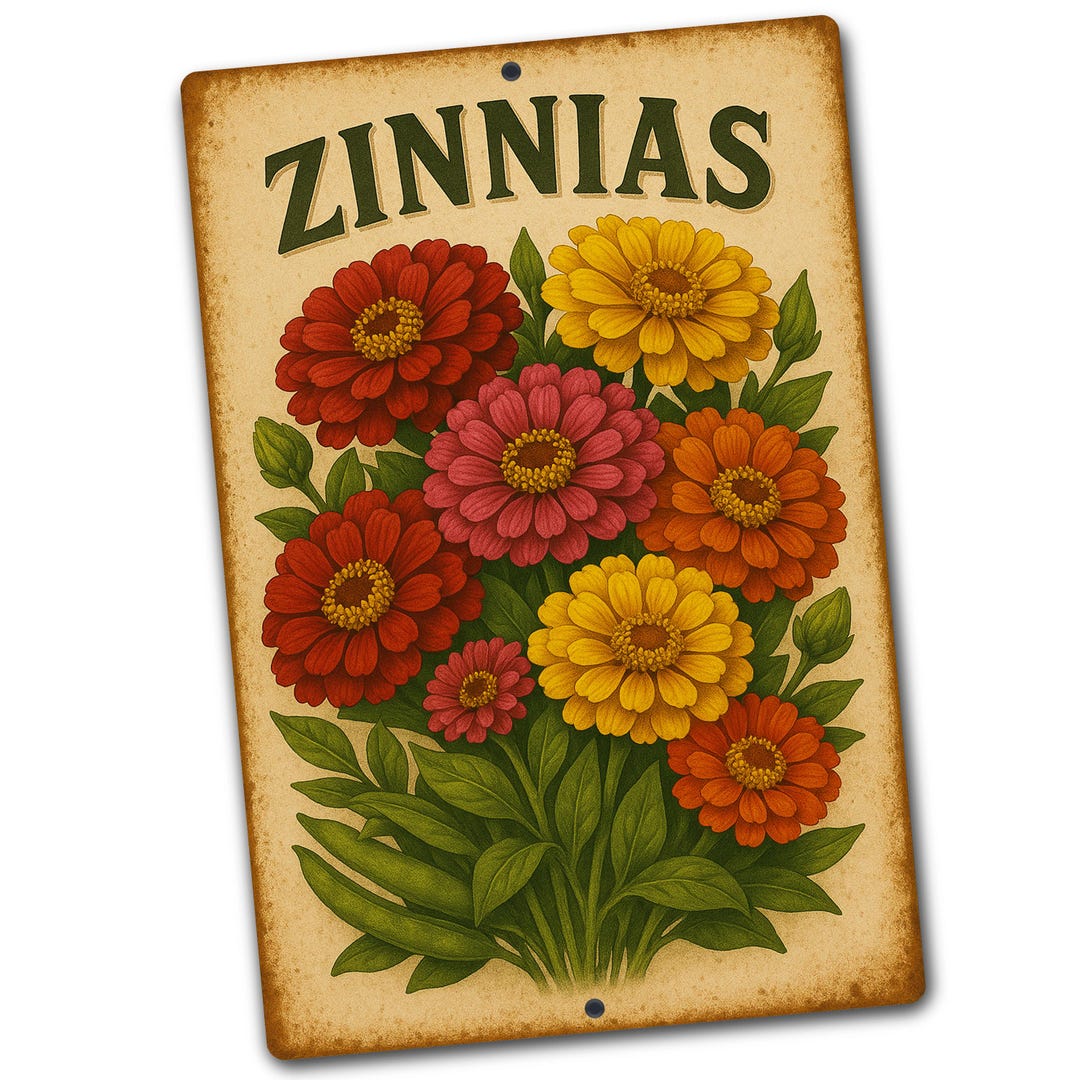 Vintage Zinnias Garden Sign, Rustic Zinnia Flower Wall Art, Botanical ...