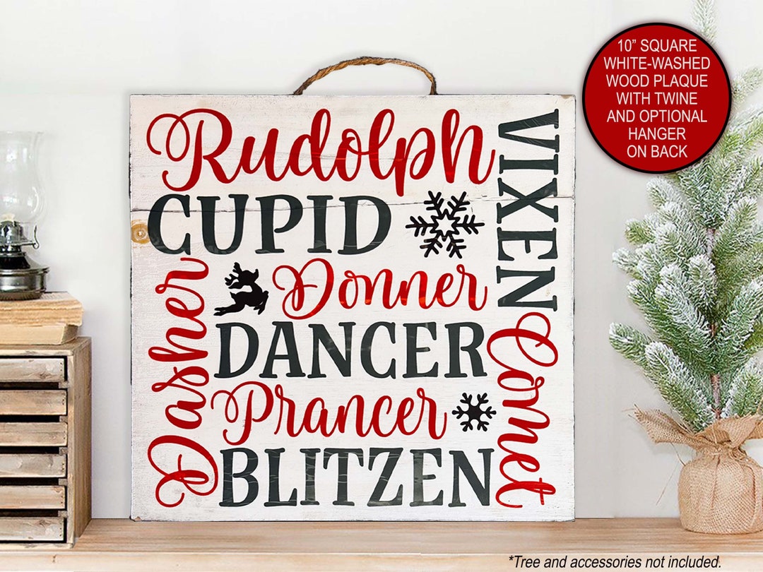 Reindeer Names Country Christmas Sign Whitewashed Fir Wood 10" Square ...