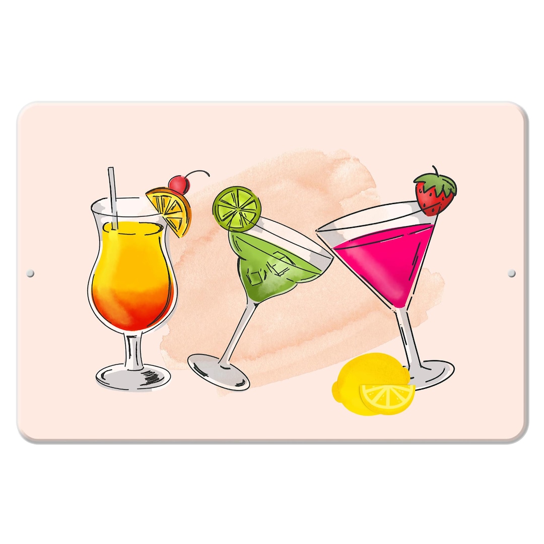 Tropical Cocktail Metal Sign, Watercolor Drink Glasses, Summer Bar ...