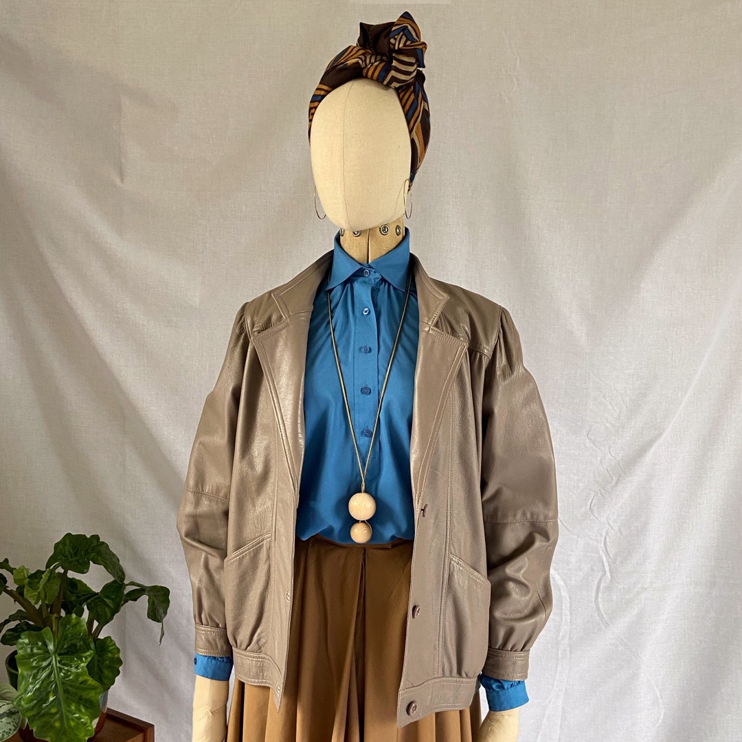 Vintage 80s Fawn Beige Leather Bomber Style Unisex Jacket Coat Medium ...