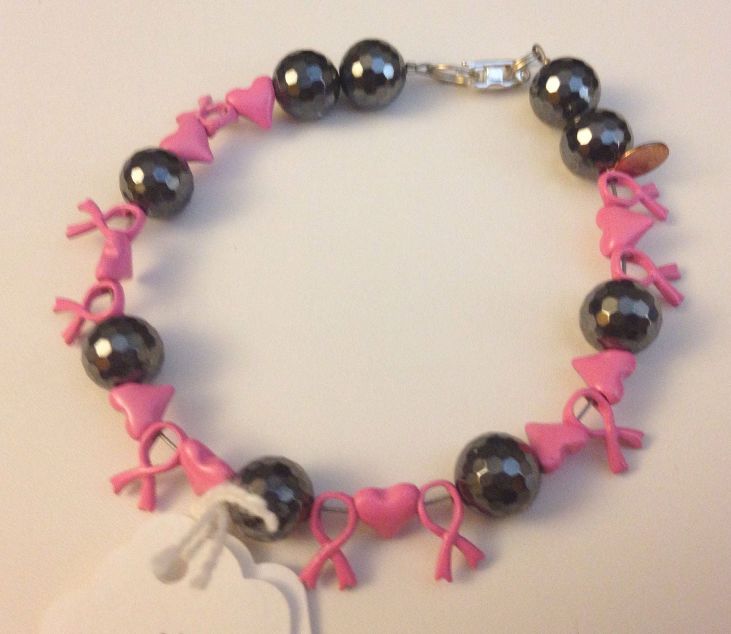 Ribbon & Metal 8 Bracelet With Hematite and Pink Ribbons - Etsy