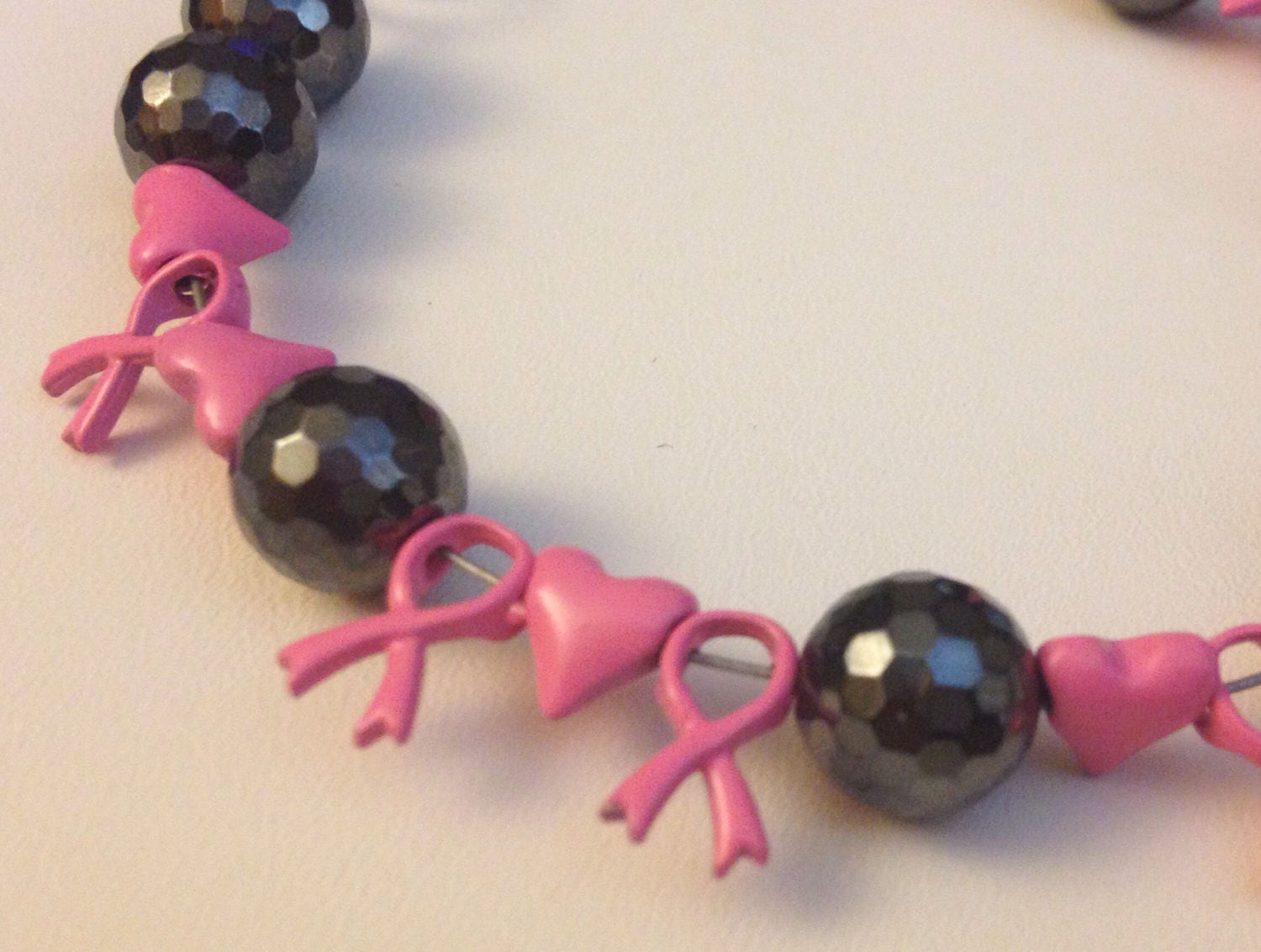 Ribbon & Metal 8 Bracelet With Hematite and Pink Ribbons - Etsy