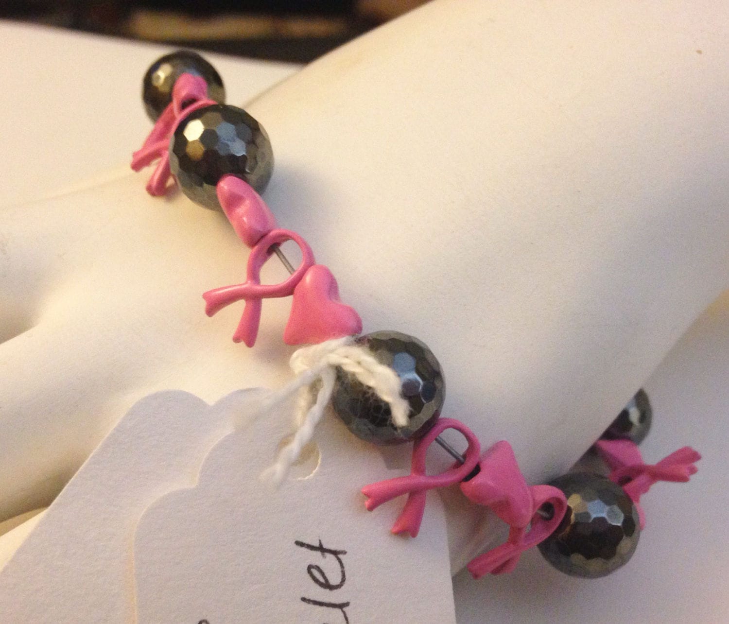 Ribbon & Metal 8 Bracelet With Hematite and Pink Ribbons - Etsy