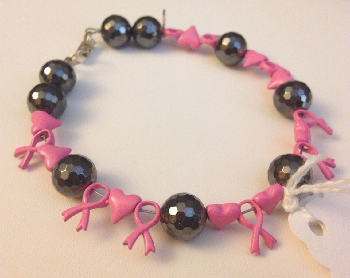 Ribbon & Metal 8 Bracelet With Hematite and Pink Ribbons | Etsy