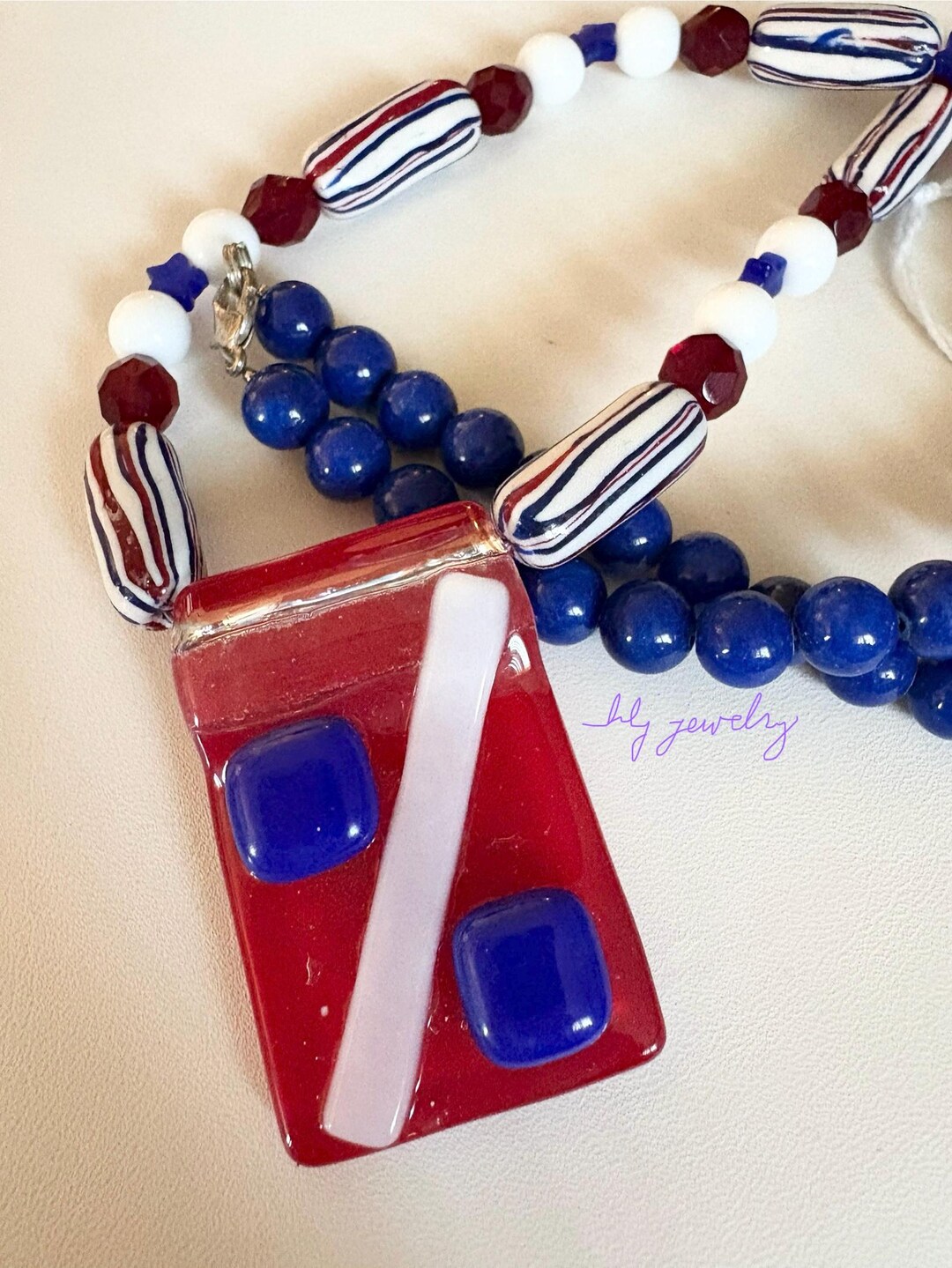 Red White & Blue 22" Necklace - Fused Glass Pendant, Striped Polymer ...