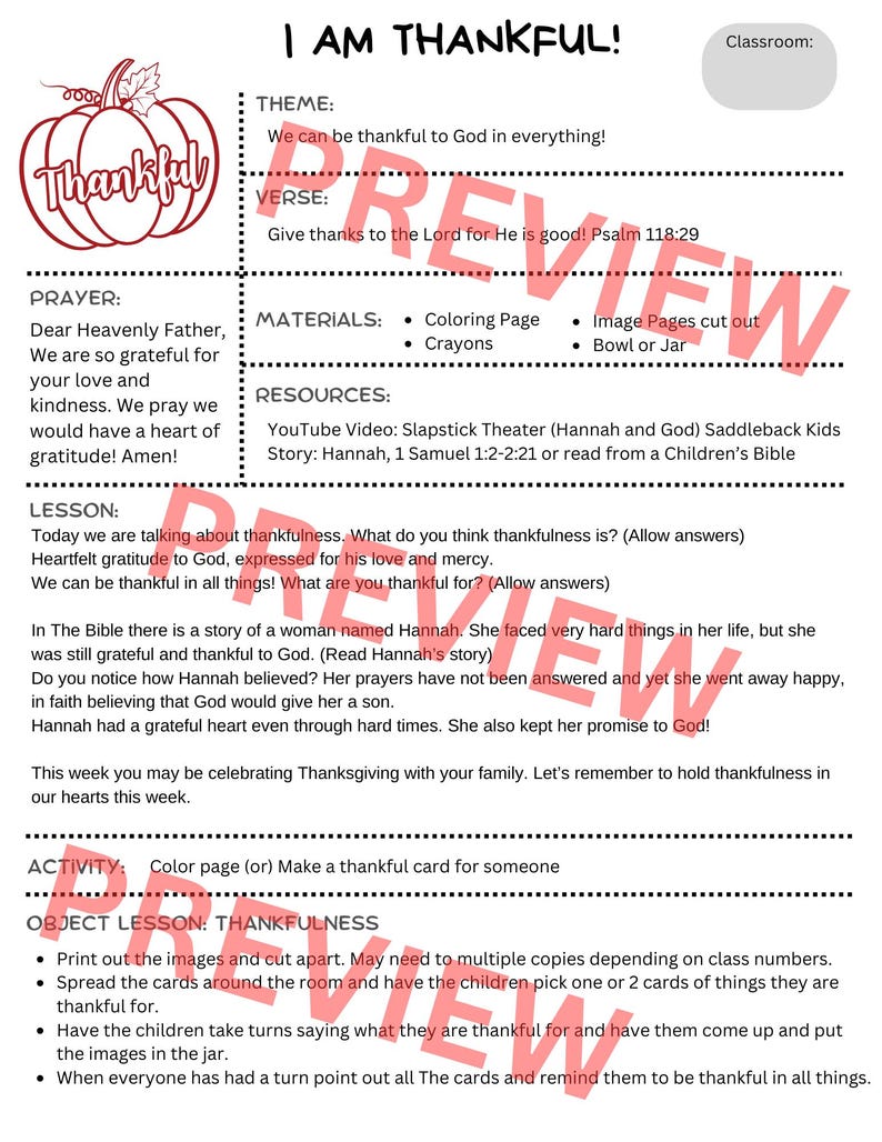 I Am Thankful - LOW PREP Sunday School Lesson - Etsy