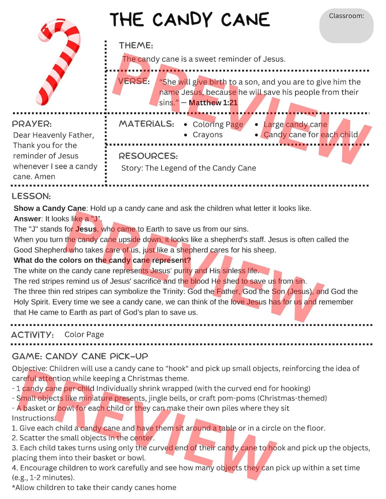 The Candy Cane - LOW PREP Sunday School Lesson - Etsy