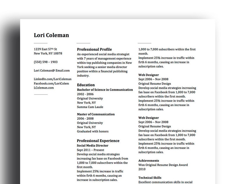 Columns Simple Resume and Cover Letter Template for Microsoft - Etsy