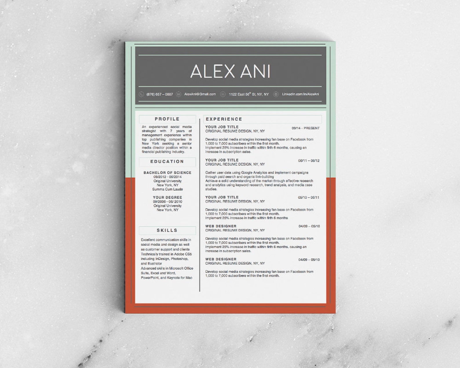 Alex Ani Modern Package - Resume Template + CV, Thank You, and ...