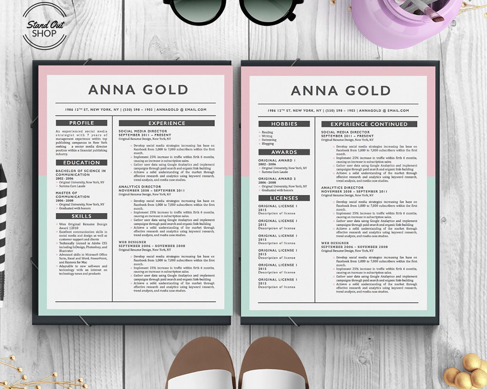 Anna Gold Resume 5 Pack for Microsoft Word and Apple Pages in A4 and US ...