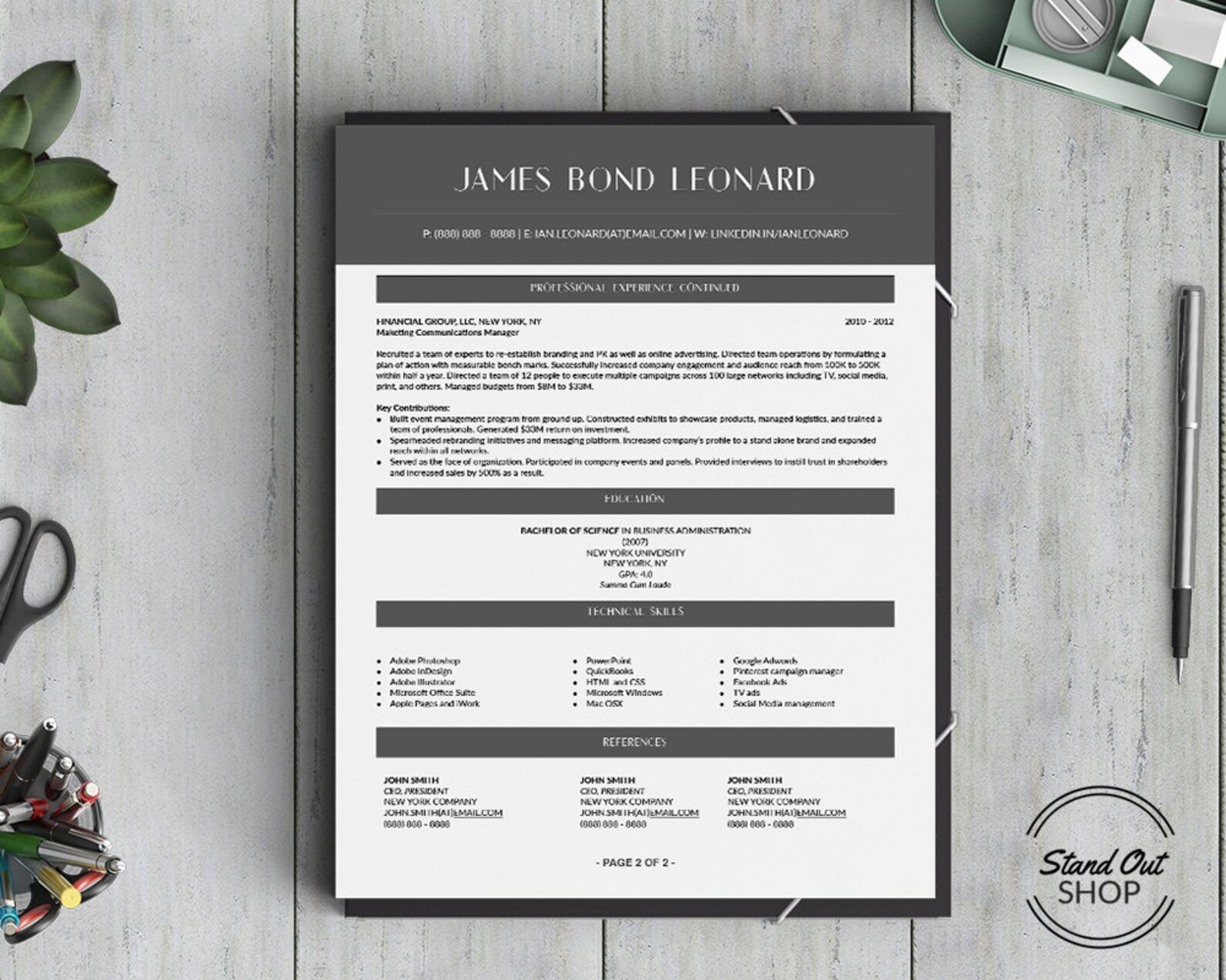 James Bond Leonard Resume Template for Microsoft Word and Apple Pages ...