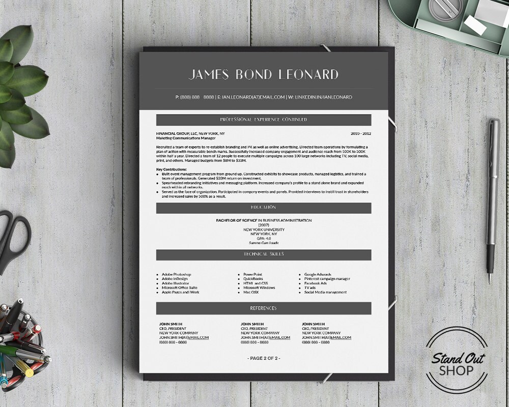 James Bond Leonard Resume Template for Microsoft Word and Apple Pages ...