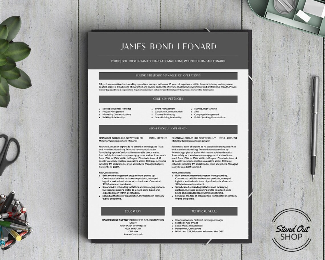 James Bond Leonard Resume Template for Microsoft Word and Apple Pages ...