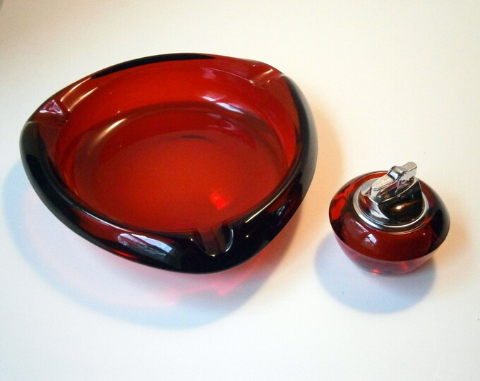 Retro Viking Glass Ruby Red Ashtray and Lighter Set 1970's - Etsy