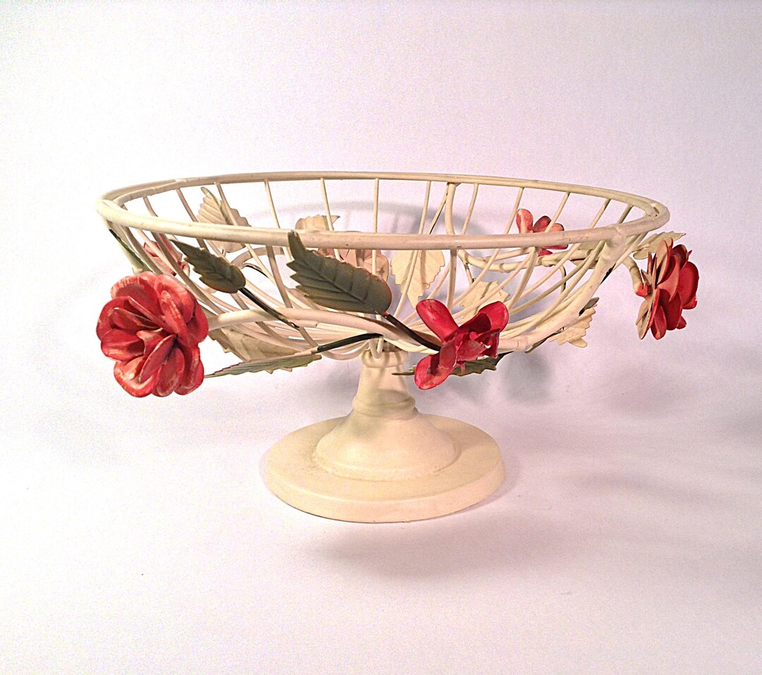 Vintage Tole Painted Floral Basket Bowl, Tole Centerpiece With Flowers ...