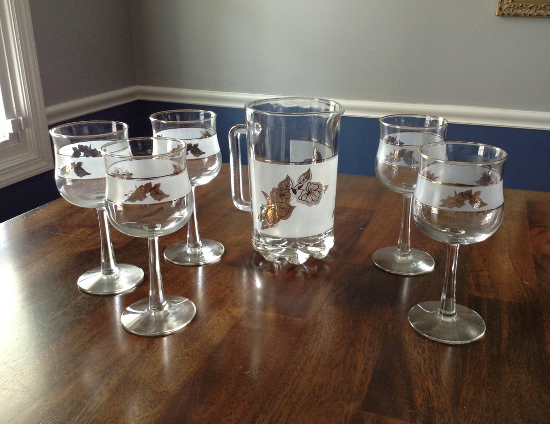 Vintage Pitcher With 5 Wine Glasses Made in Italy, Frosted Pitcher With ...