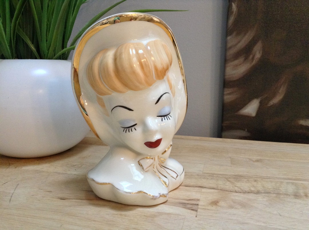 Vintage Lady Head Vase Glamour Girl Face With Bonnet and Bow, Rare Lady ...