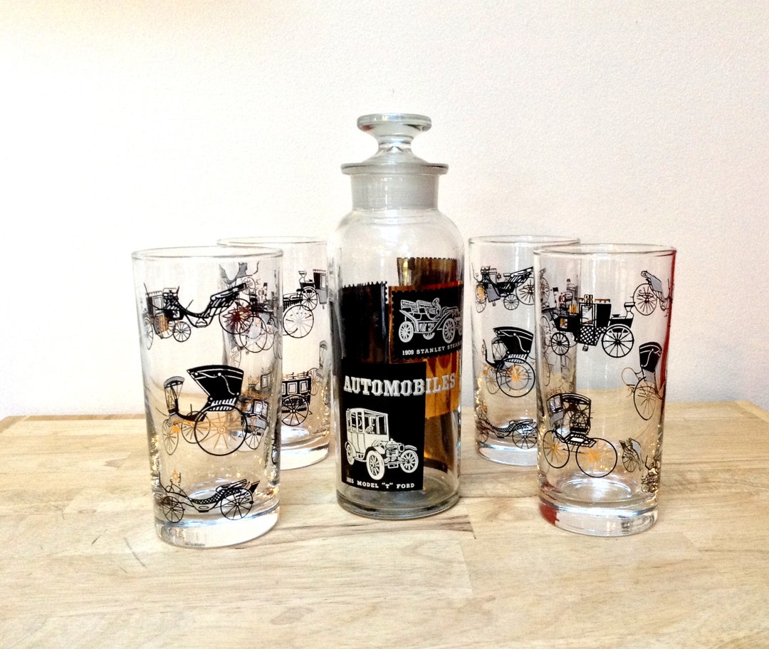 Vintage Car Decanter Set, 4 Black and Gold Highball Glasses With ...