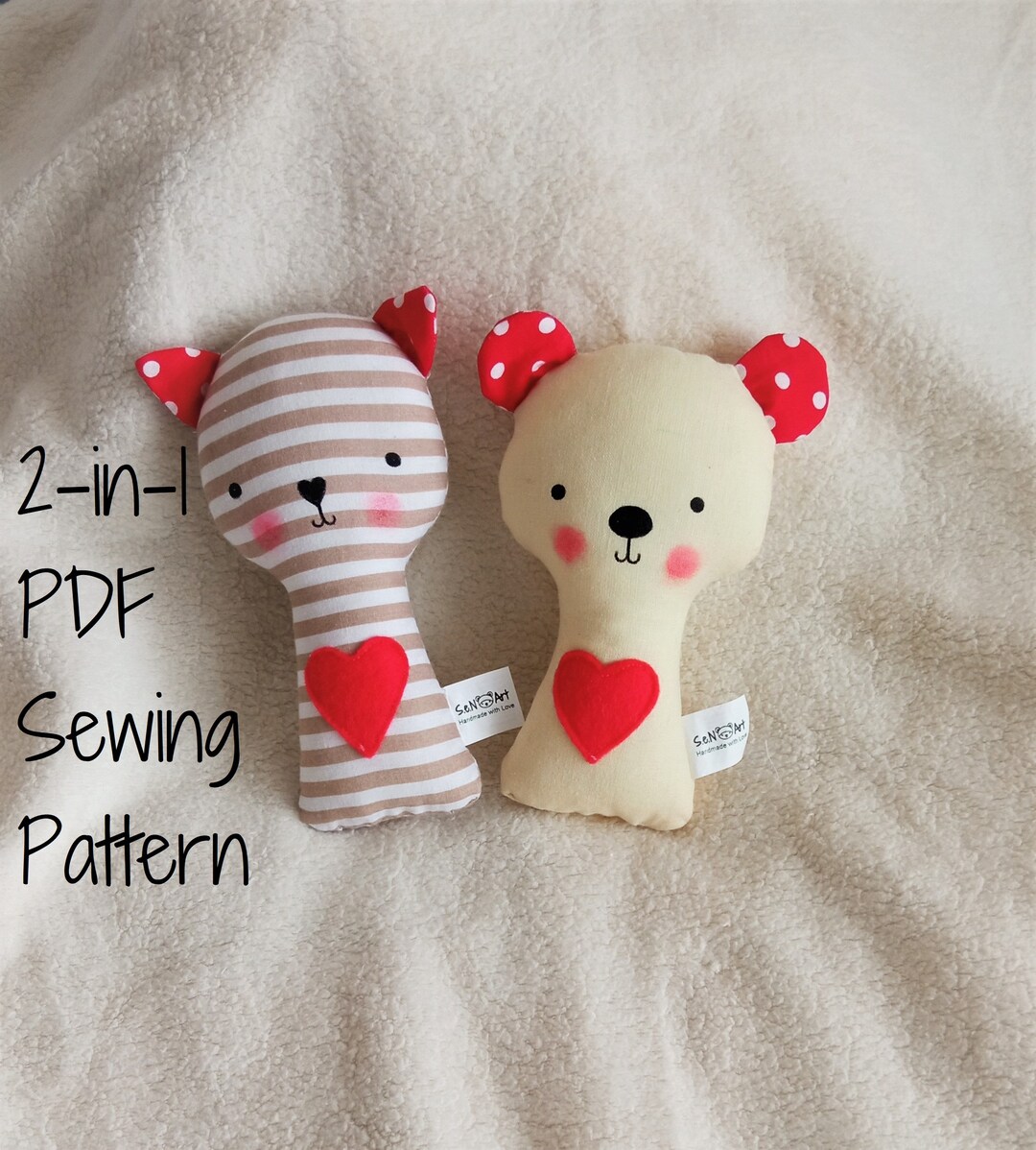 2-in-1 Pattern Bundle Cat and Teddy Bear Rattle Softie PDF Sewing ...