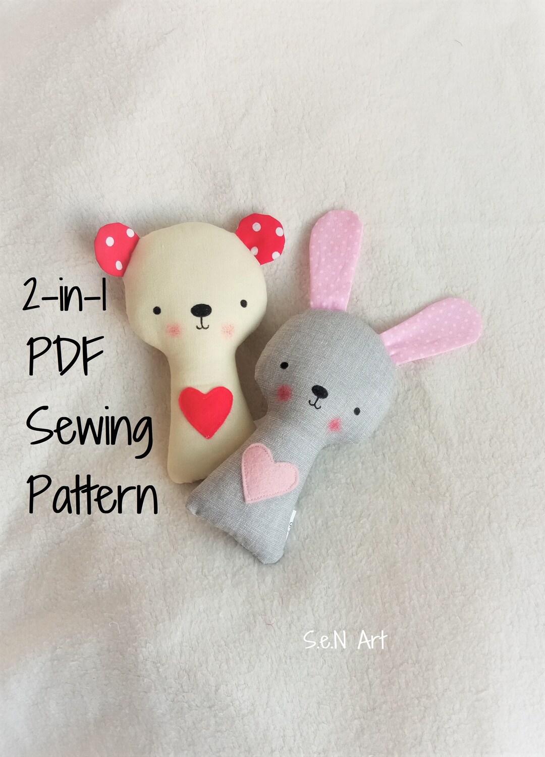 Bunny and Teddy Bear Rattle Sewing Pattern: 2-in-1 Soft Toy (PDF ...