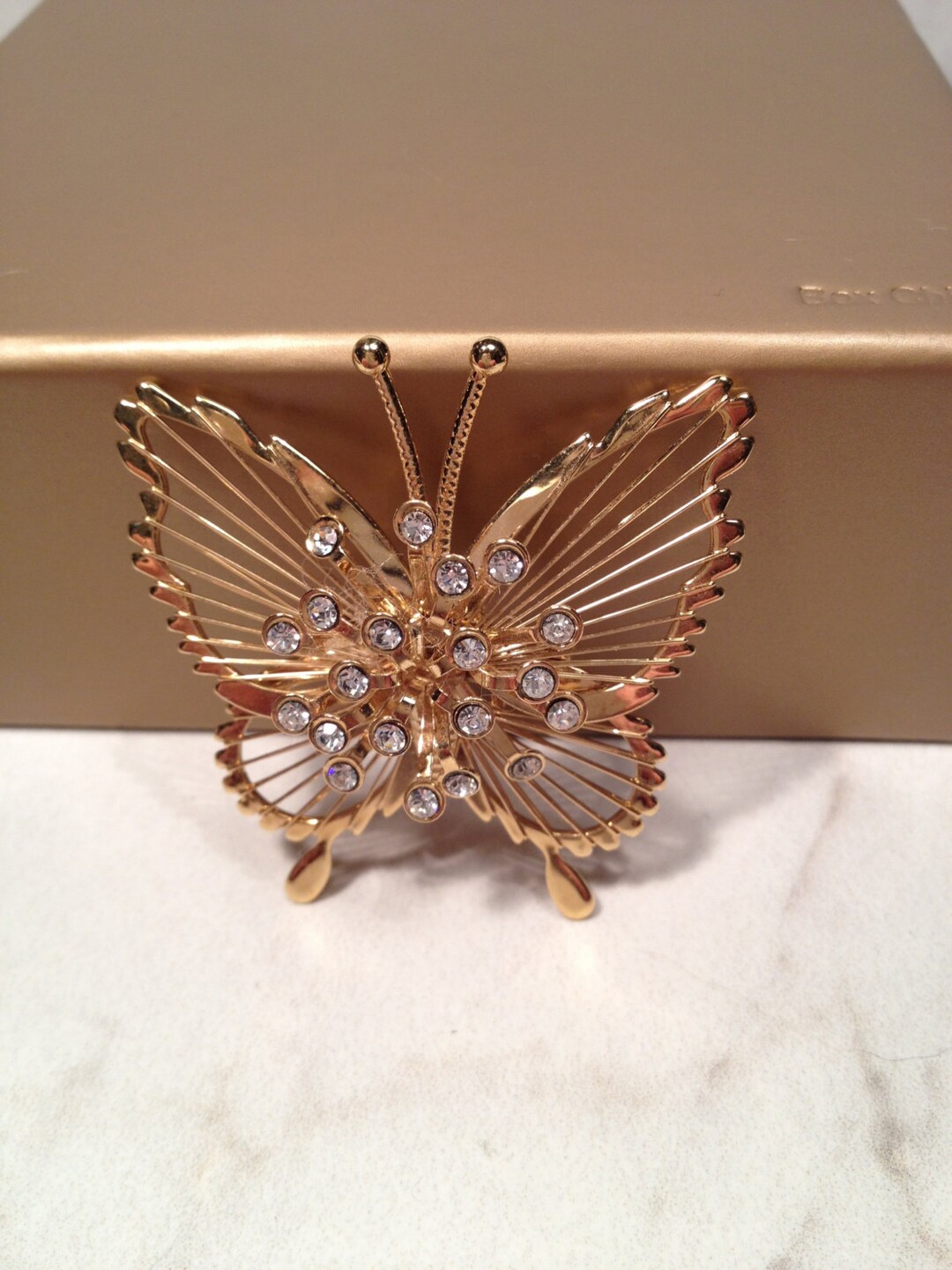 Signed Monet Rhinestone, Spinneret Wire Butterfly Brooch, 1970's, Gold ...