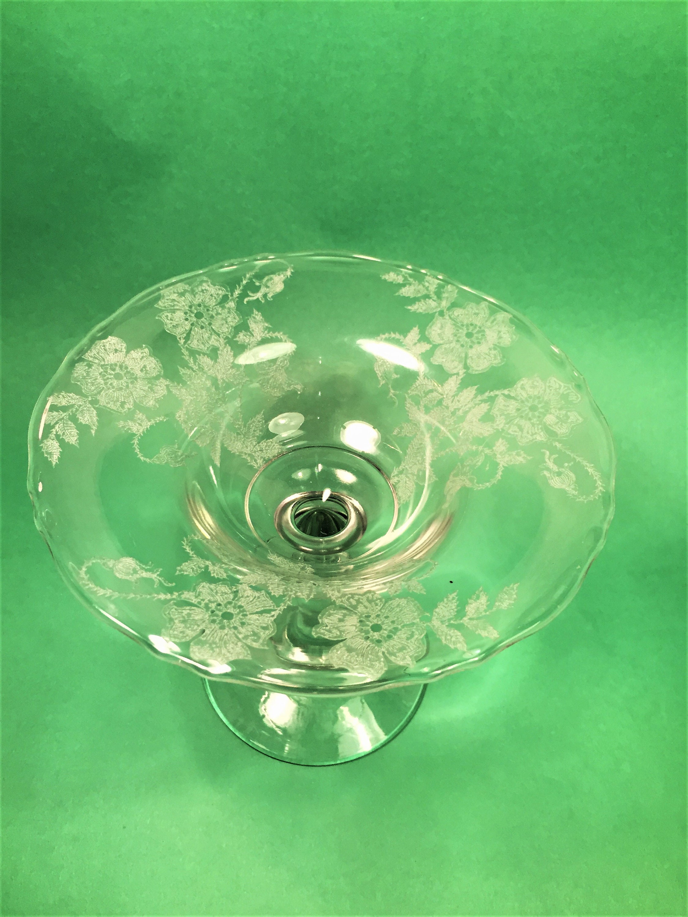 Antique Glass Pedestal Compote Etched Floral Design w Dried Red Rose ...