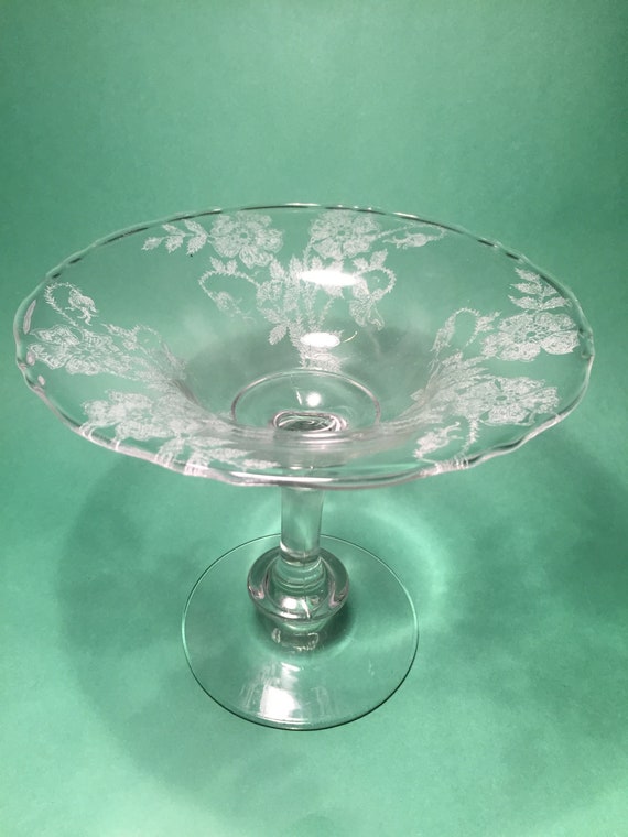Antique Glass Pedestal Compote Etched Floral Design w Dried Red Rose ...
