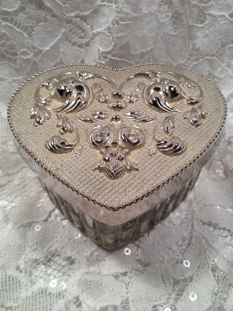 Vintage Heart Shaped Glass Trinket Box With Decorative Silver - Etsy