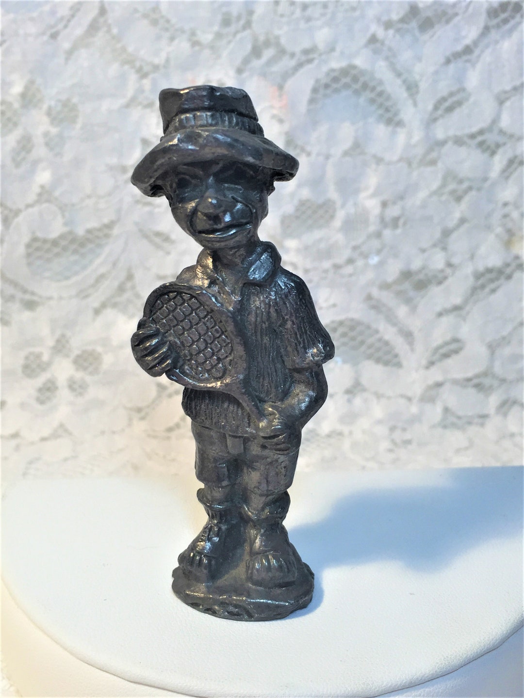 Michael Ricker Pewter Figure of Old Man With Tennis Racket and Floppy ...