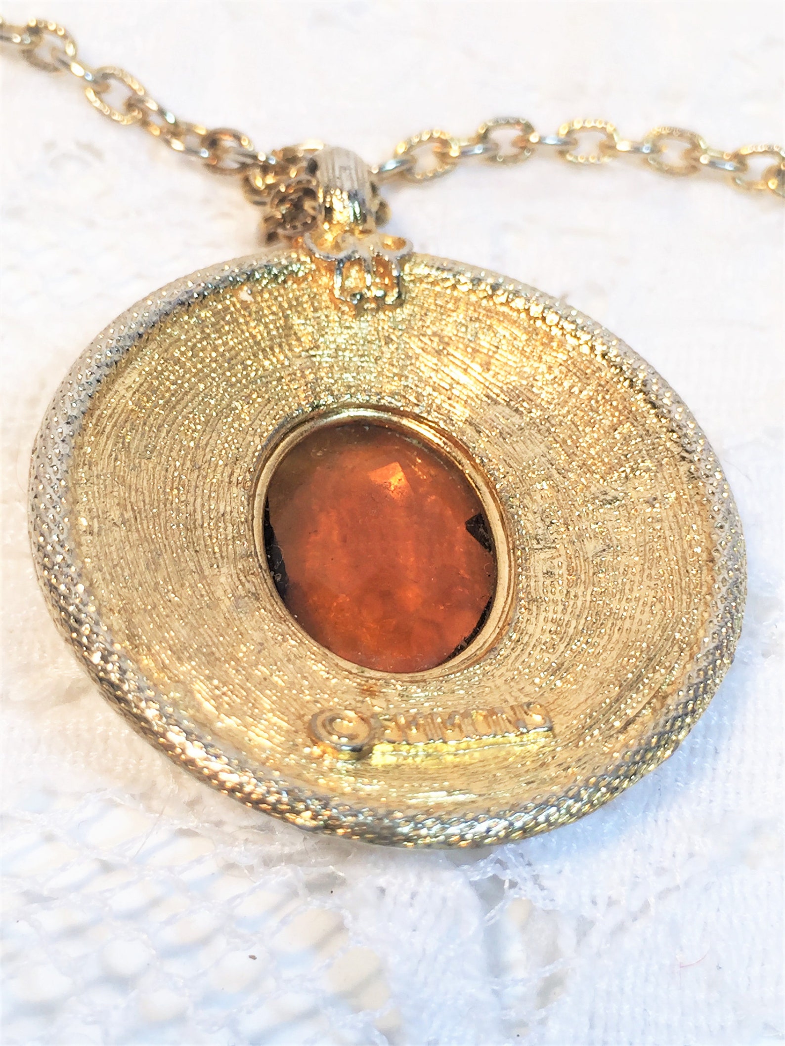 Emmons Gold Tone Pendant Necklace with Amber Lucite Stone | Etsy