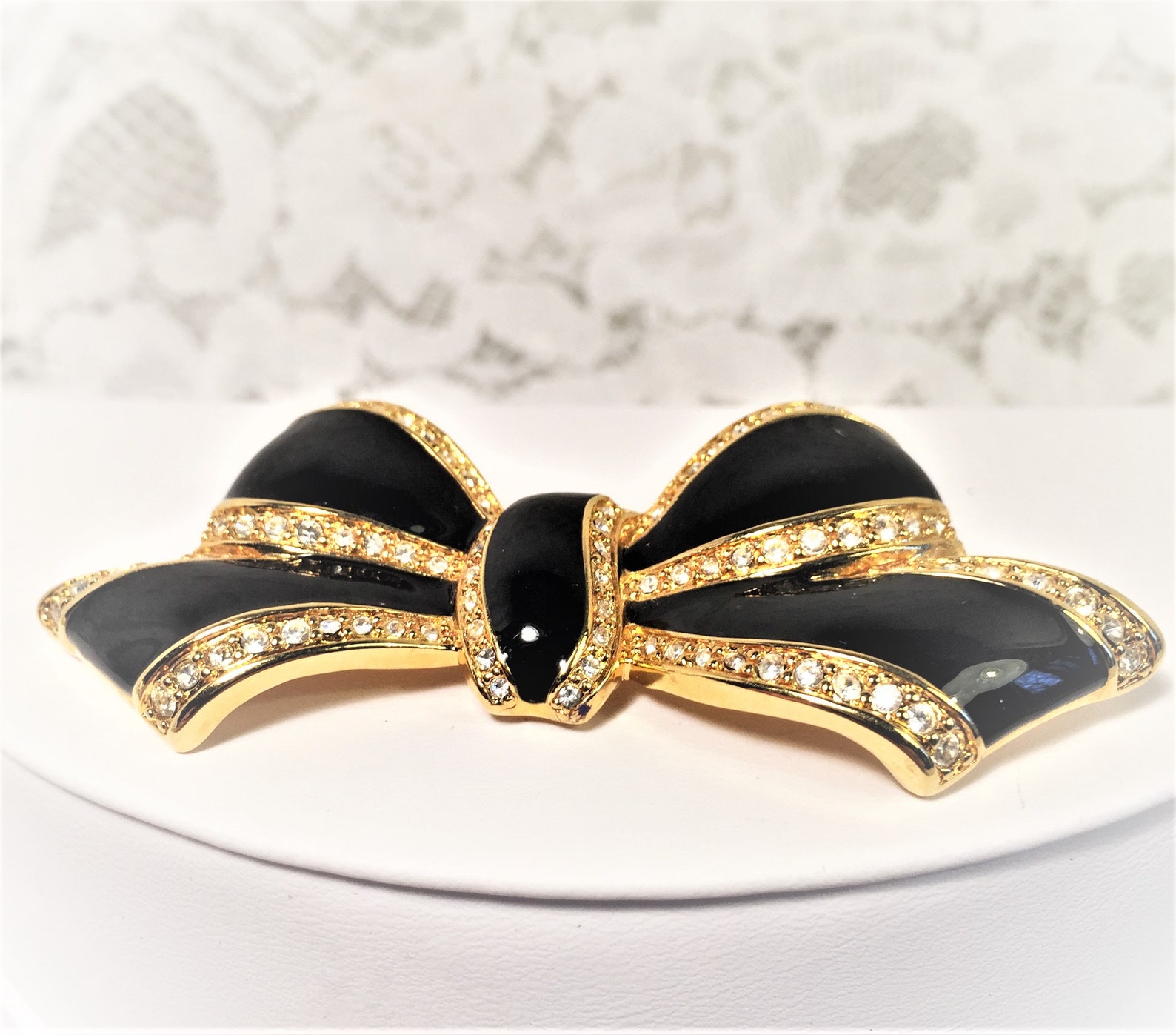 Napier Black Enamel Bow Brooch Gold Tone Setting With - Etsy
