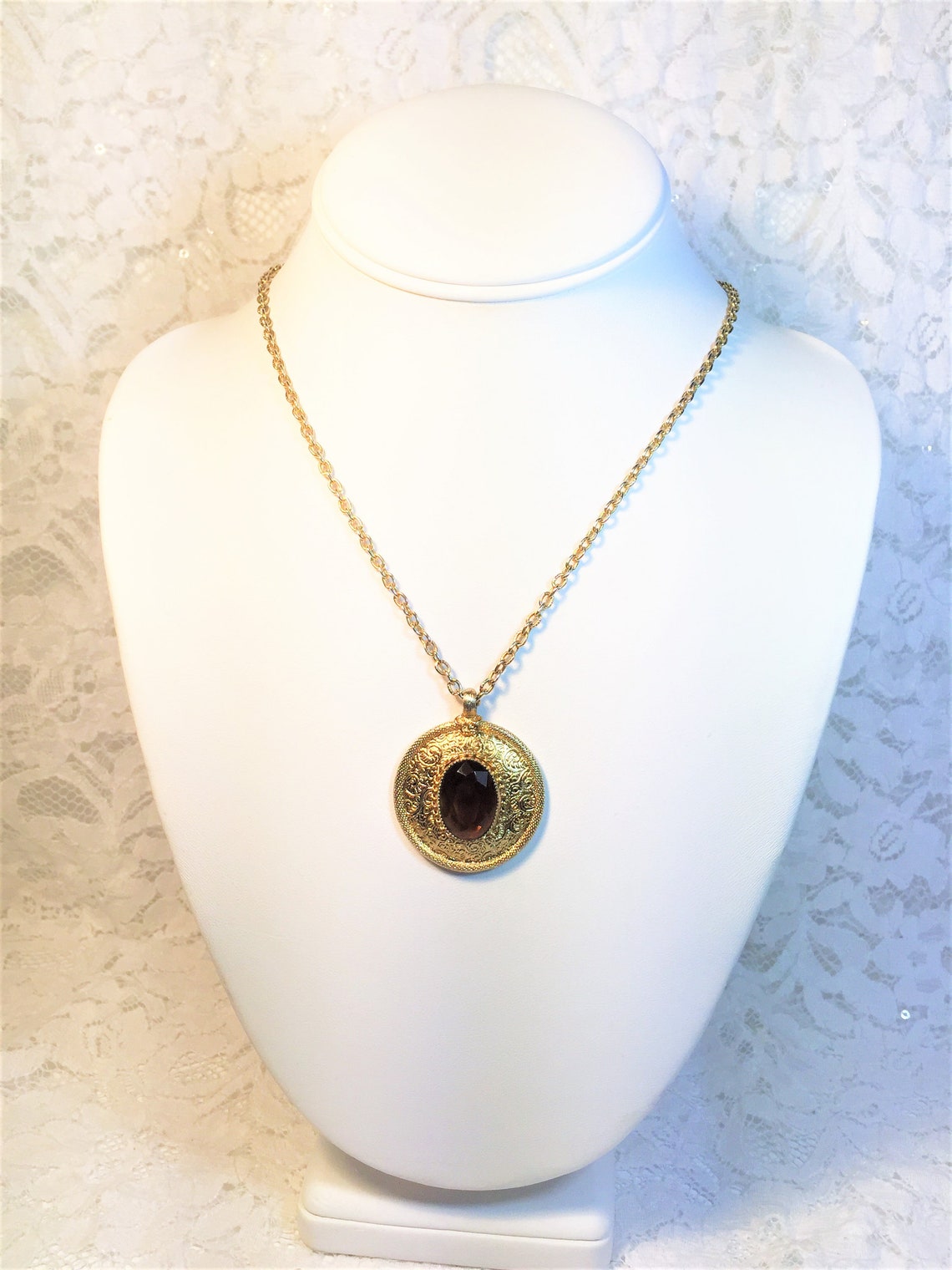 Emmons Gold Tone Pendant Necklace with Amber Lucite Stone | Etsy