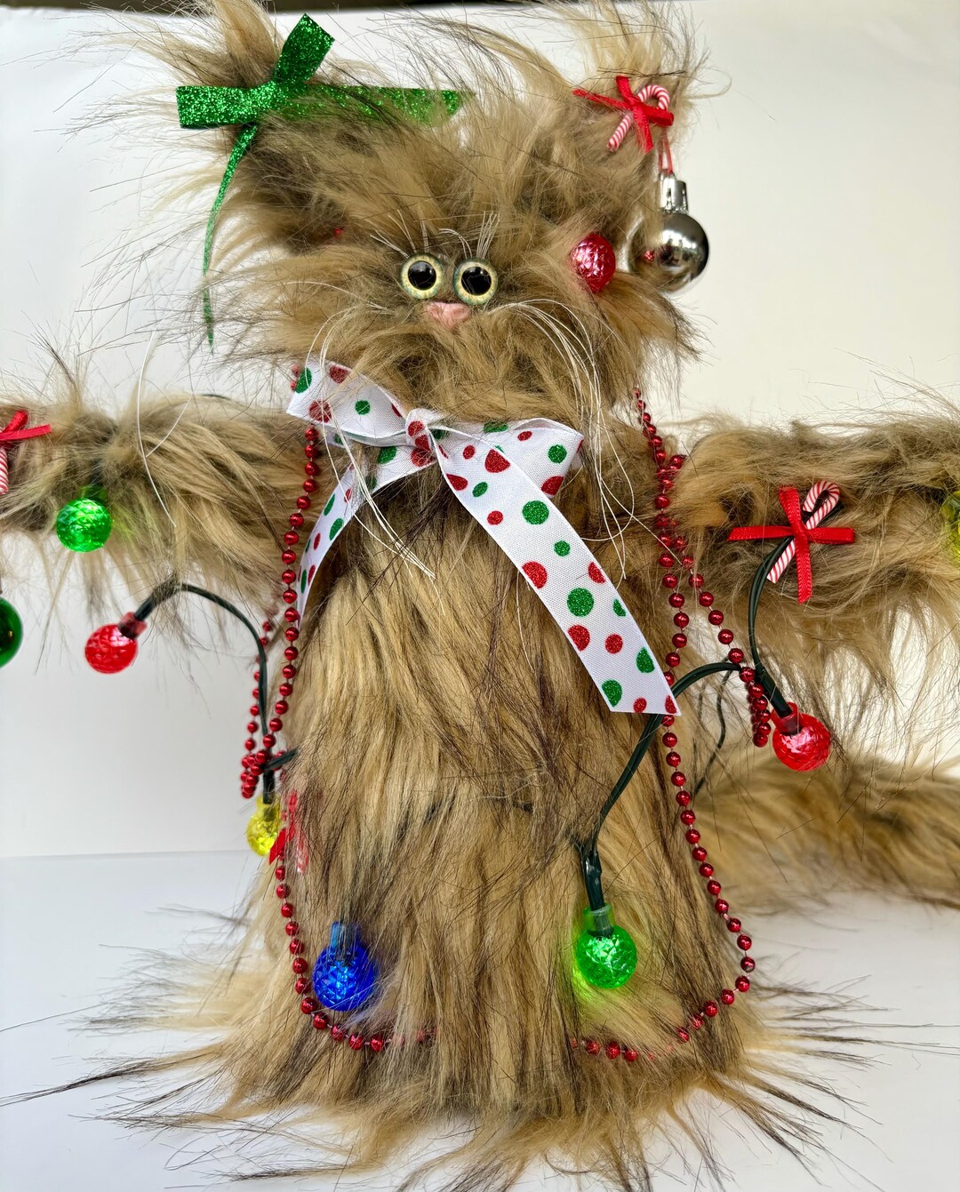Santa Kitty Cat Christmas Tree Topper Tangled in Lights Handmade by Me ...