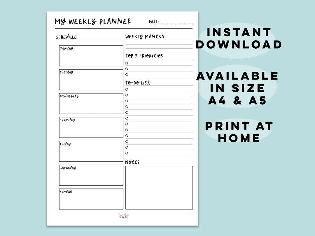 Weekly Planner Downloadable PDF File to Print at Home - Etsy