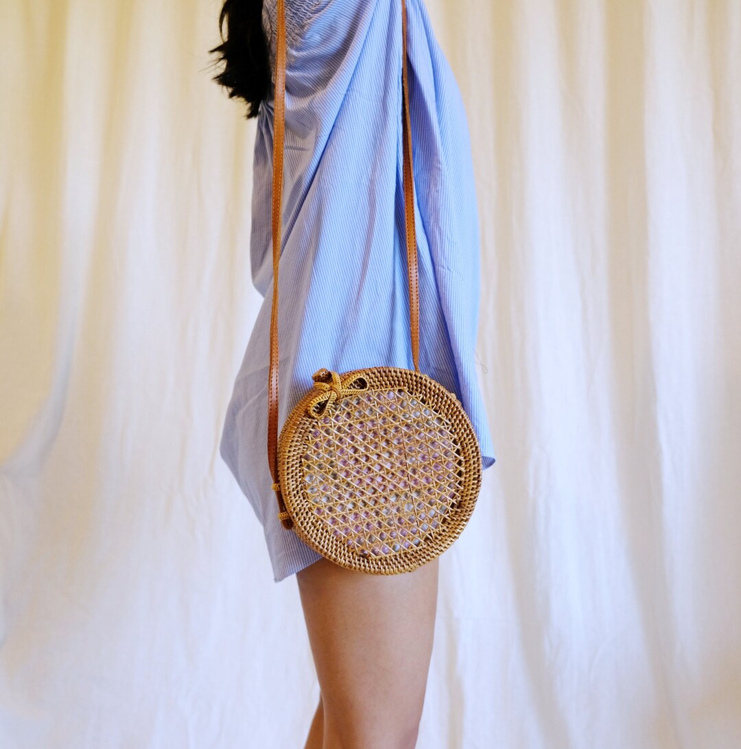 SOL Crossbody Round Rattan Bag With Custom Lining Insert, Round Wicker ...