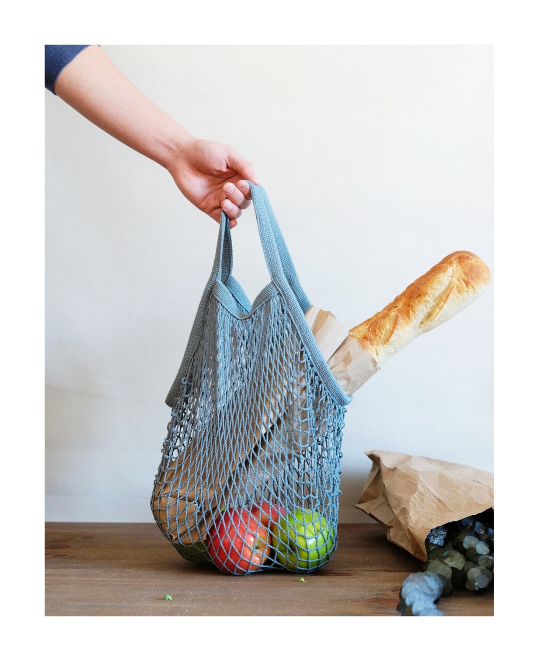 Short Handle Market Bag in Stone Blue, Short Net Shopping Bag, Reusable ...