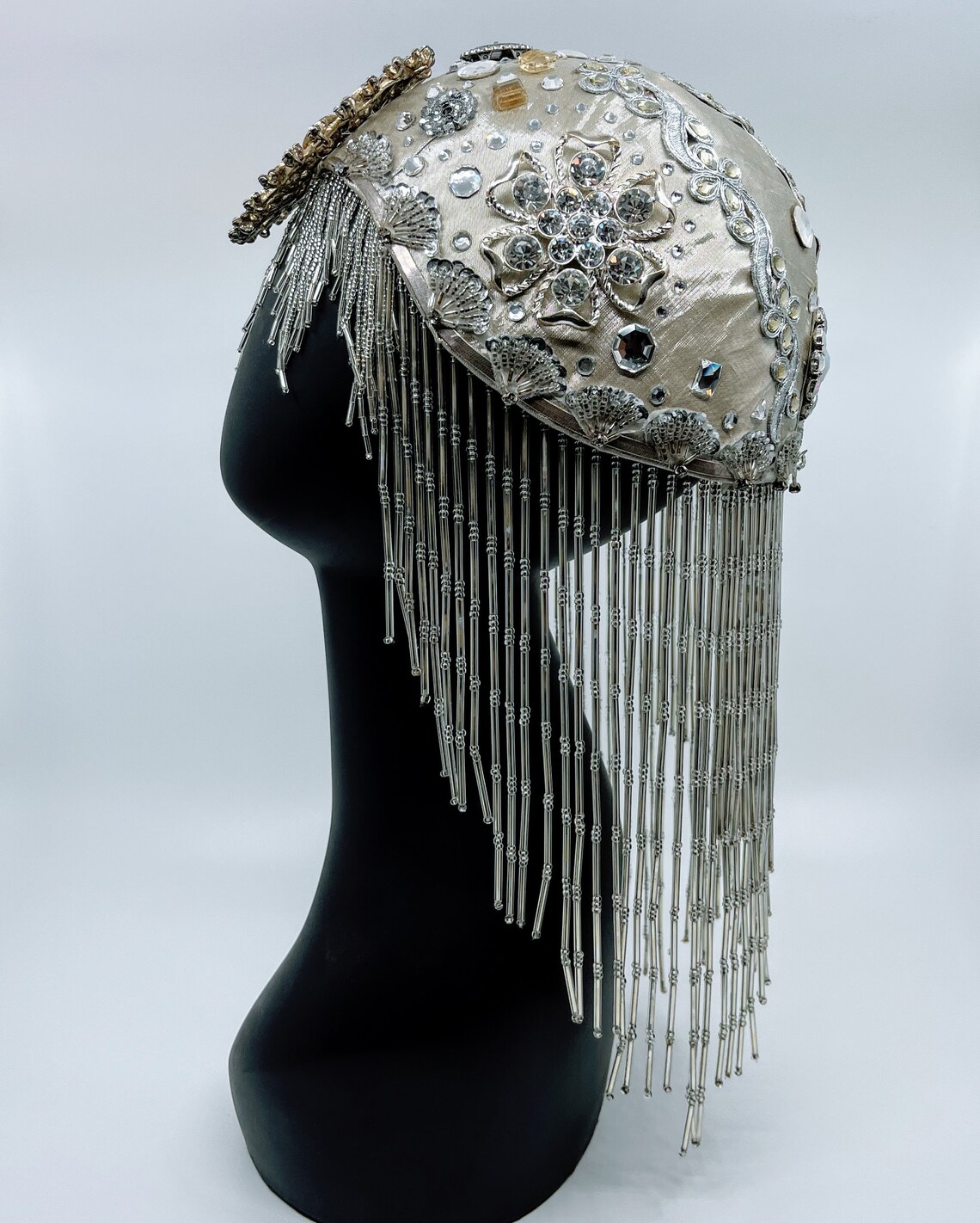 Silver Flapper Head Cap With Bead Fringe and Crystals, 1920's Skull Cap ...