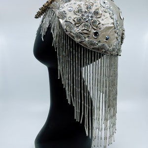 Silver Flapper Head Cap With Bead Fringe and Crystals, 1920's Skull Cap ...