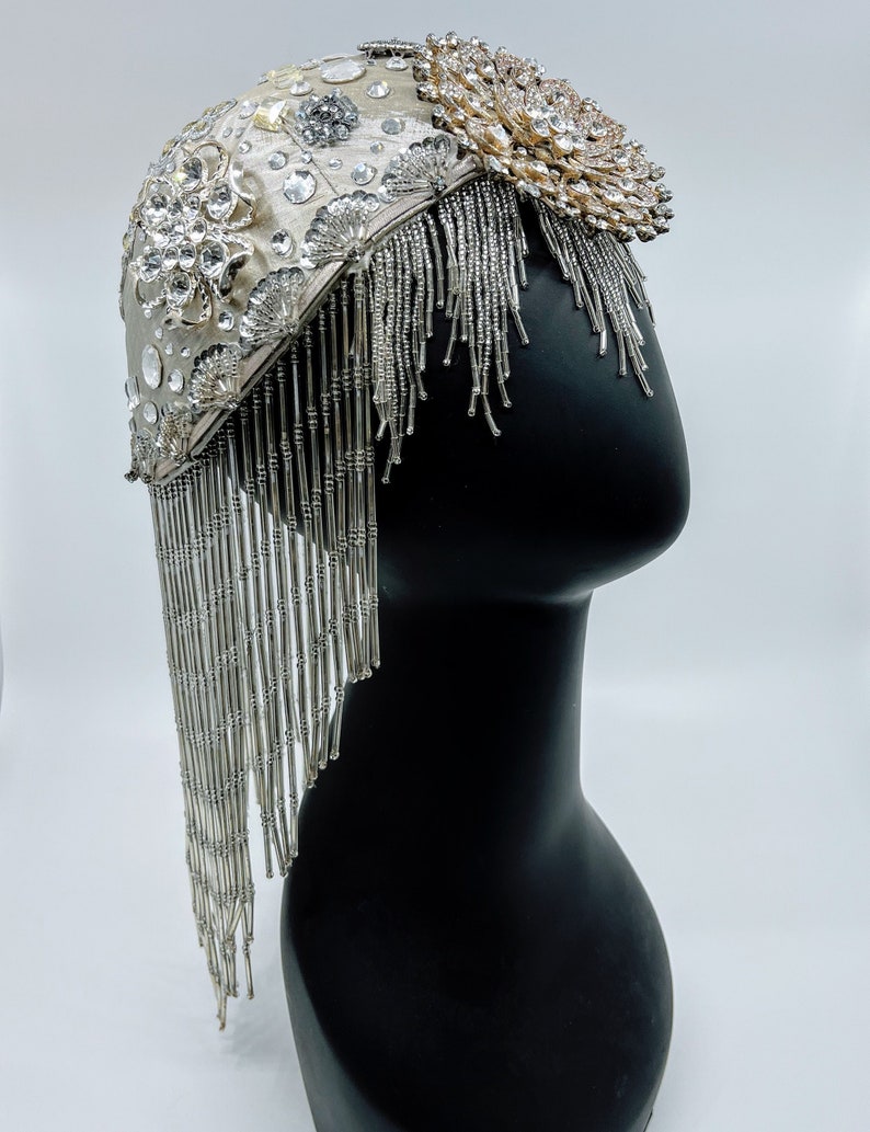 Silver Flapper Head Cap With Bead Fringe and Crystals, 1920's Skull Cap ...