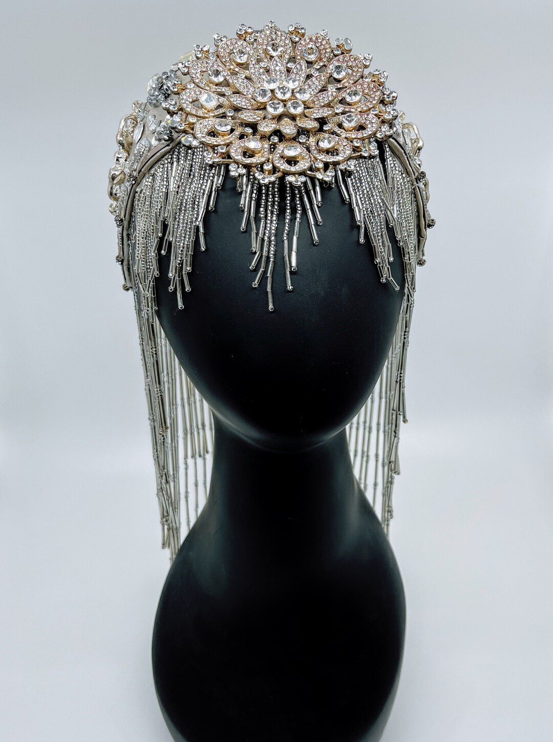 Silver Flapper Head Cap With Bead Fringe and Crystals, 1920's Skull Cap ...