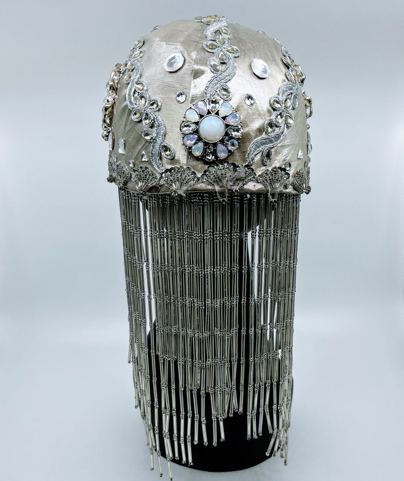 Silver Flapper Head Cap With Bead Fringe and Crystals, 1920's Skull Cap ...