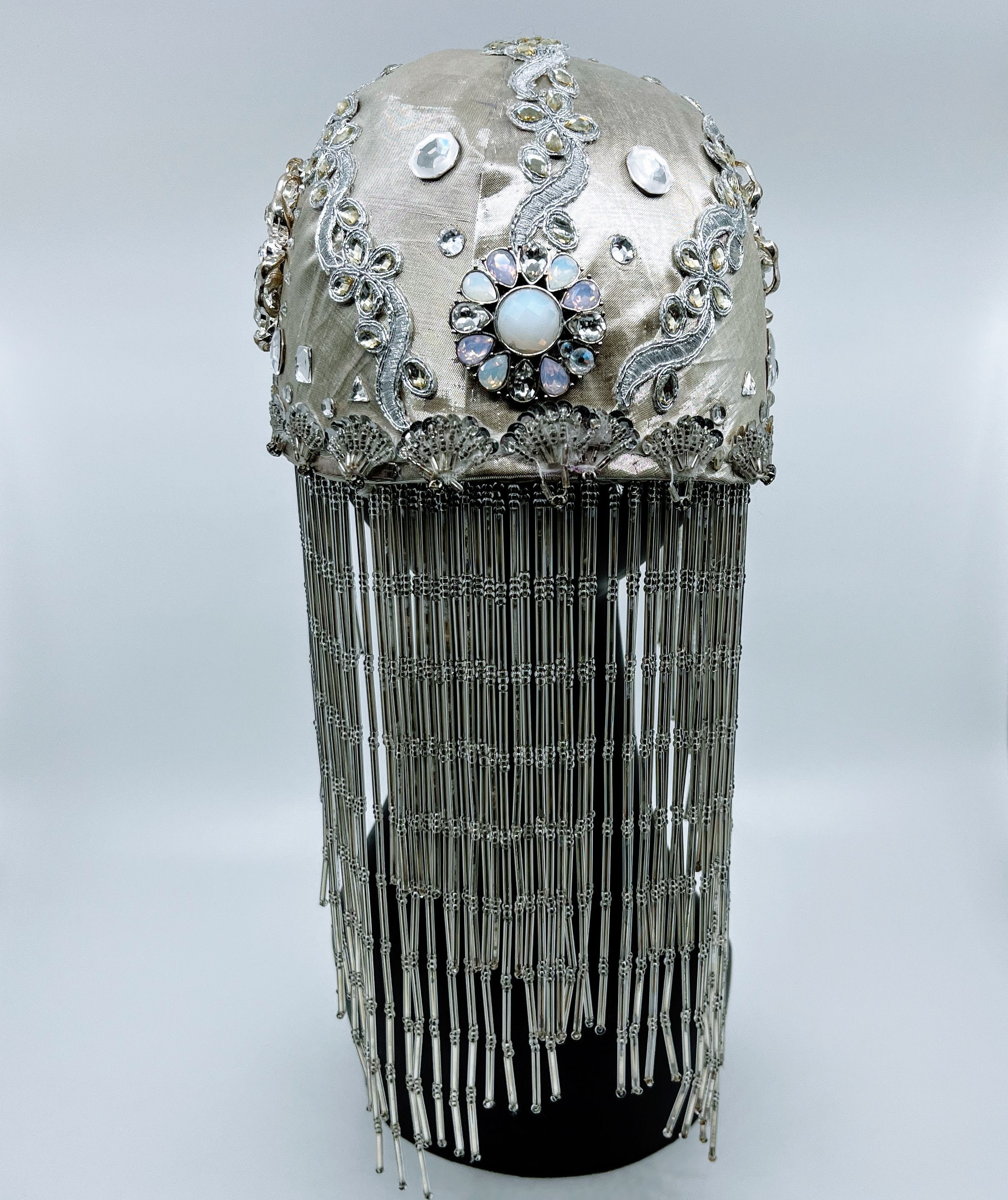 Silver Flapper Head Cap With Bead Fringe and Crystals, 1920's Skull Cap ...