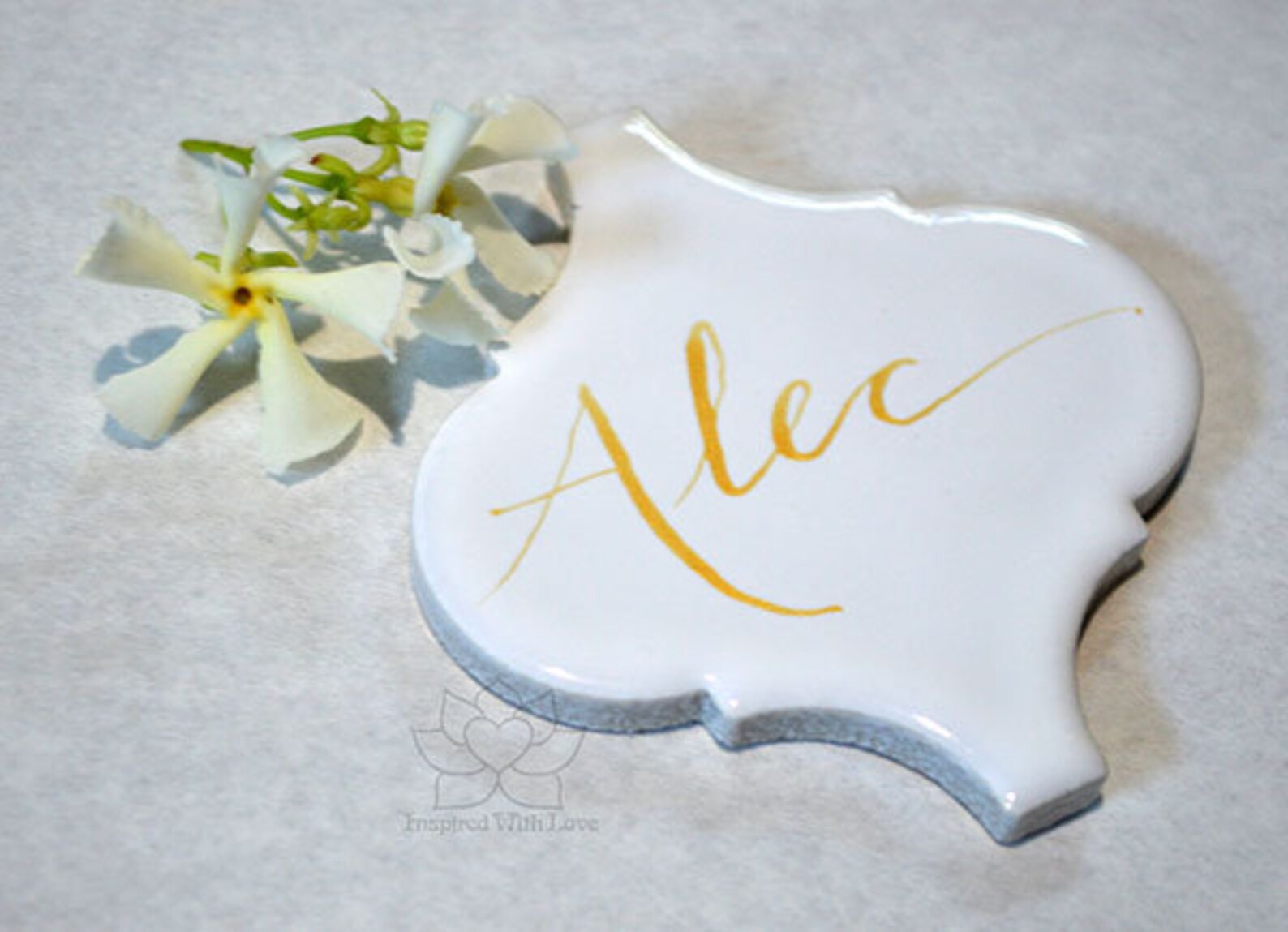 Custom Personalized Calligraphy 3" Arabesque White Tile Gold Name Place ...