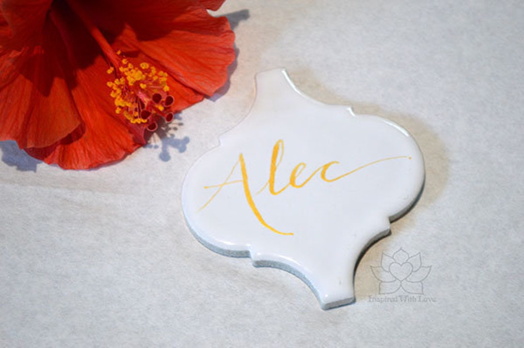 Custom Personalized Calligraphy 3" Arabesque White Tile Gold Name Place ...