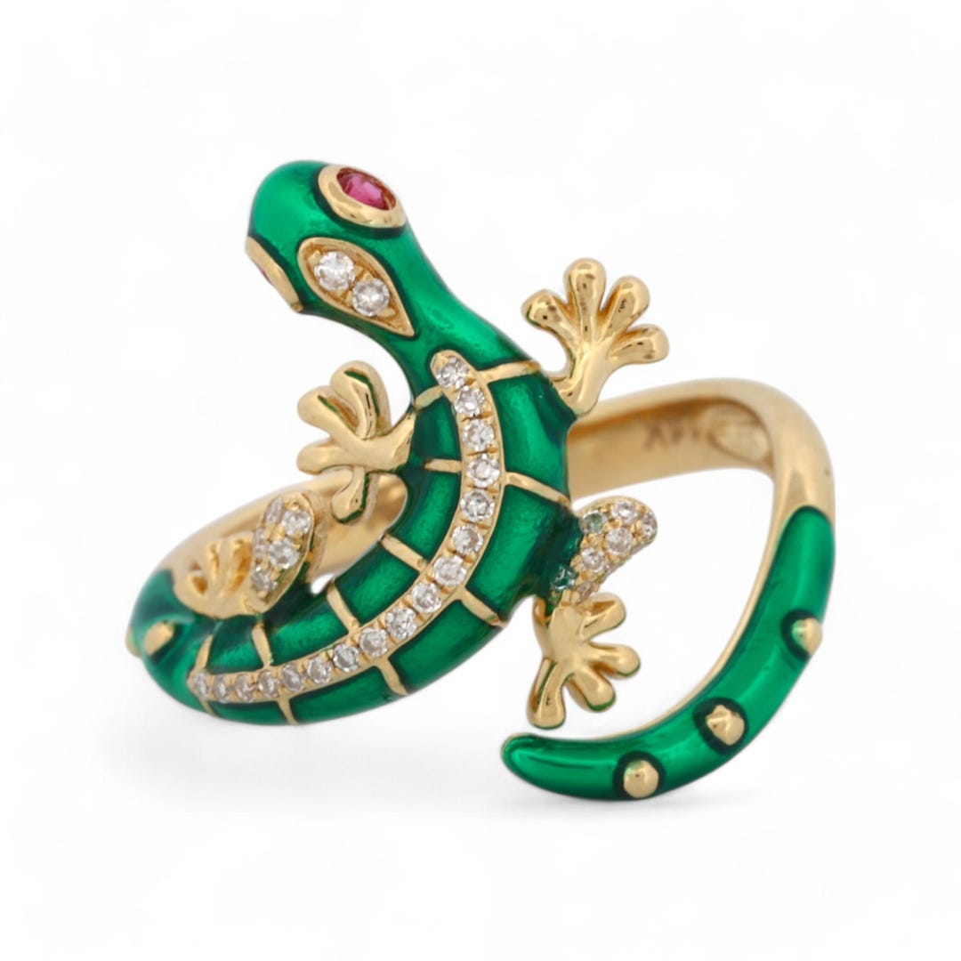 Effy 14k Yellow Gold Safari Gecko Ring With Diamond Ruby Green Enamel ...