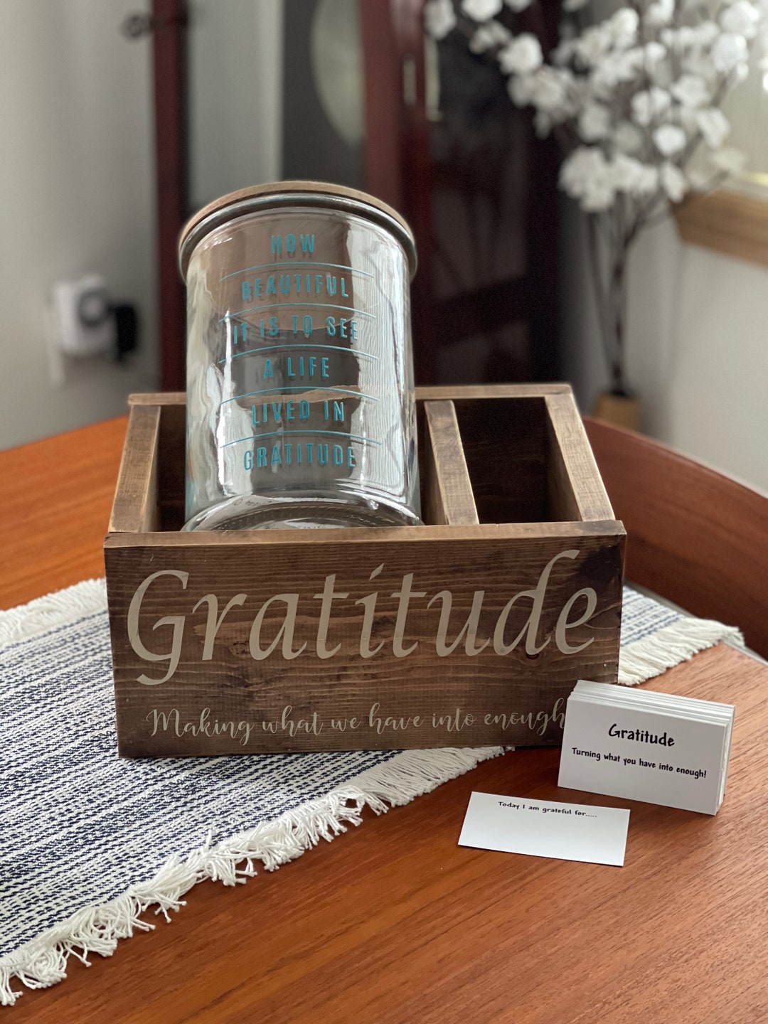 Wooden Gratitude Box With Etched Jar & Cards - Etsy