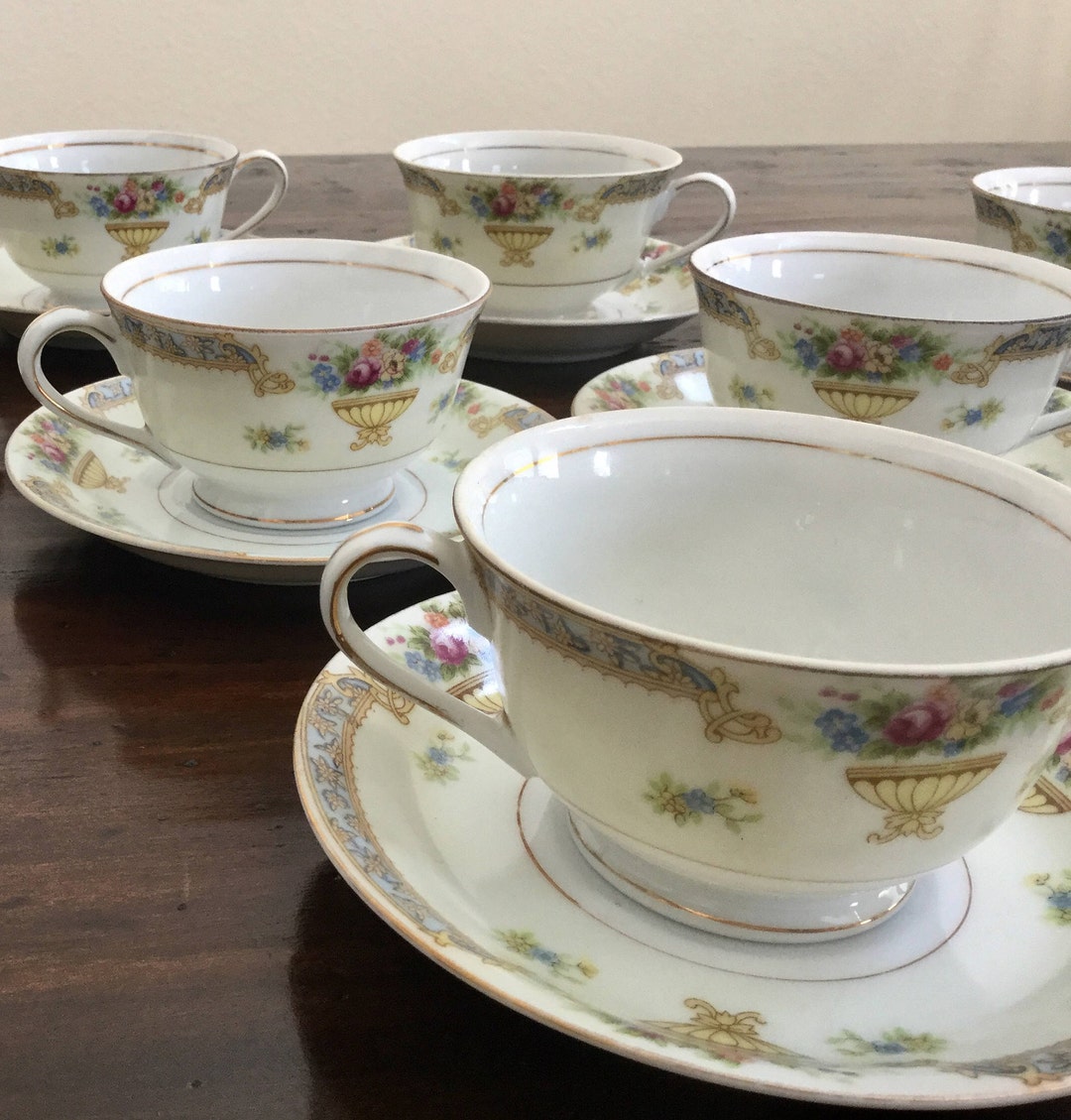 6 Vintage Japan Porcelain Tea Cups Saucers Flowers "shofu" 1930 ...