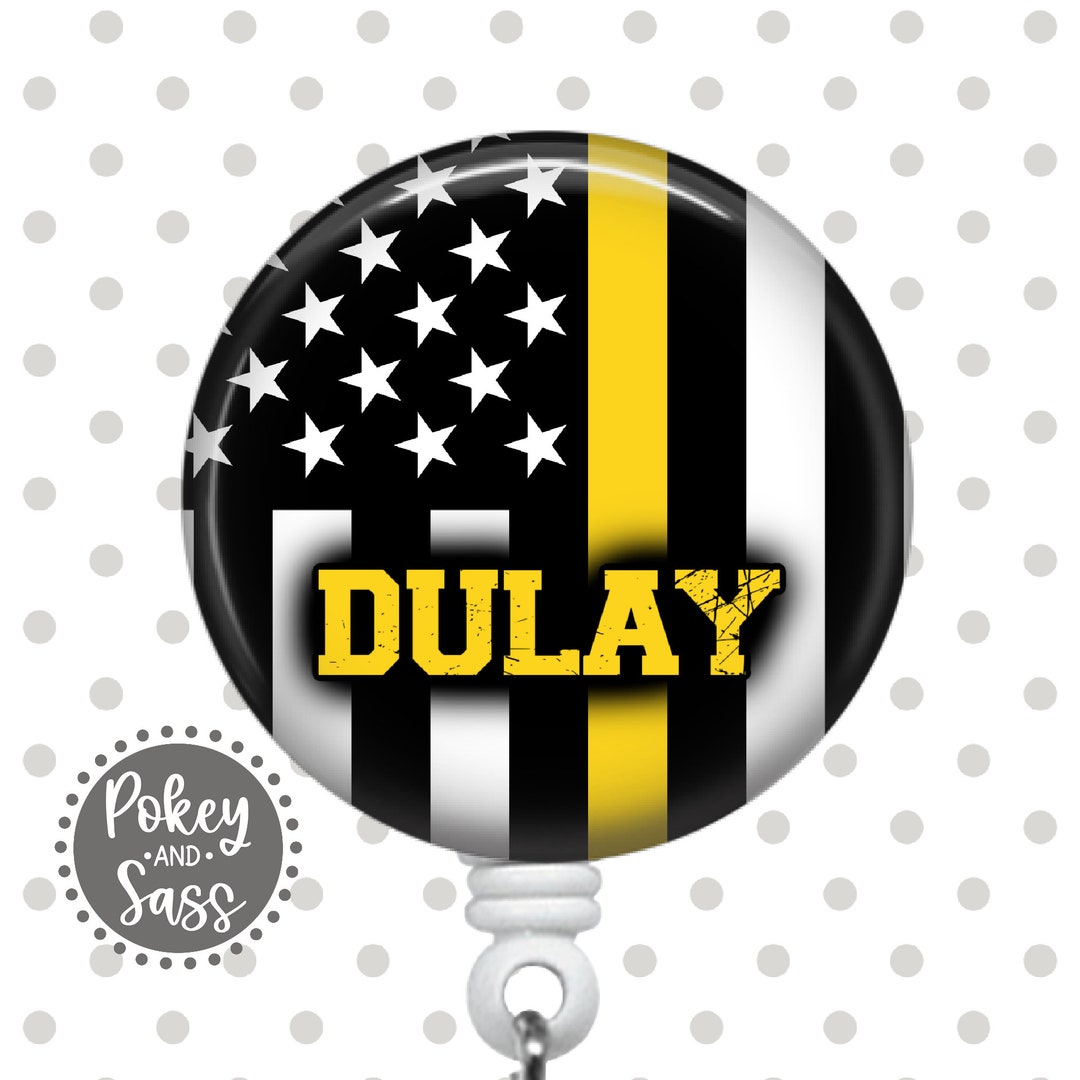 Dispatcher Badge Reel, Personalized Badge Reel, Thin Gold Line Flag ...