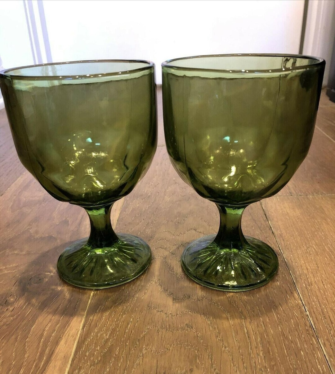 Vintage Green Thumbprint Goblet Pedestal Glasses Set of 2 - Etsy